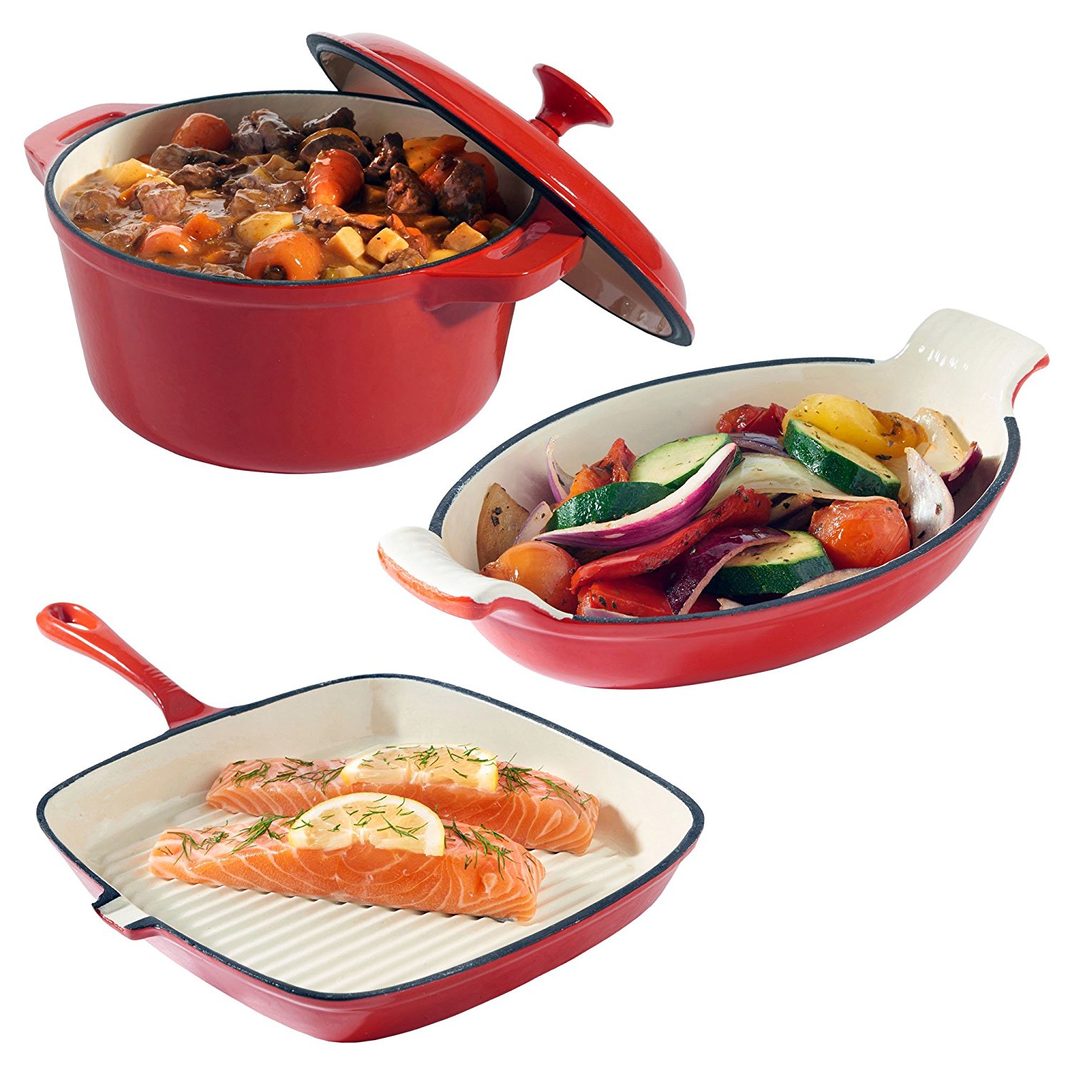 VonShef Cast Iron Dishes Set of 3 Casserole, Gratin and Griddle Set ...