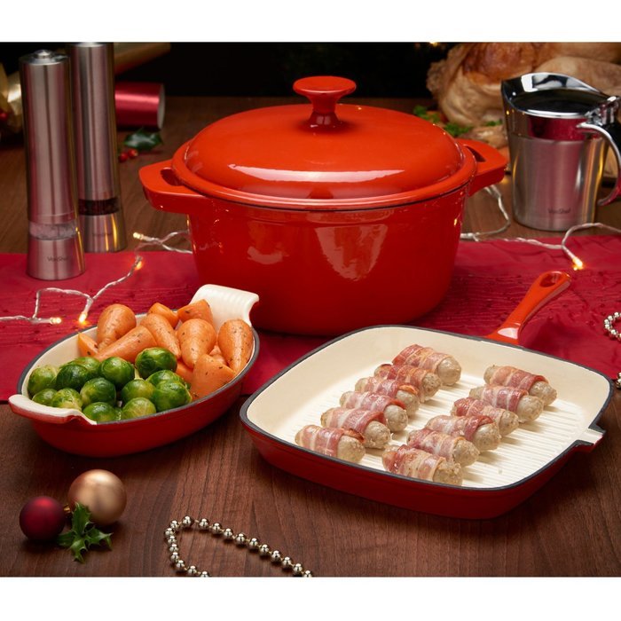 VonShef Cast Iron Dishes Set of 3 Casserole, Gratin and Griddle Set ...