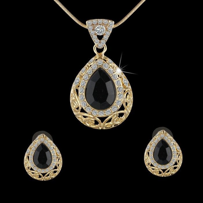 Charm Black Crystal Drop Necklace Earrings Set Wedding Gold Jewelry ...
