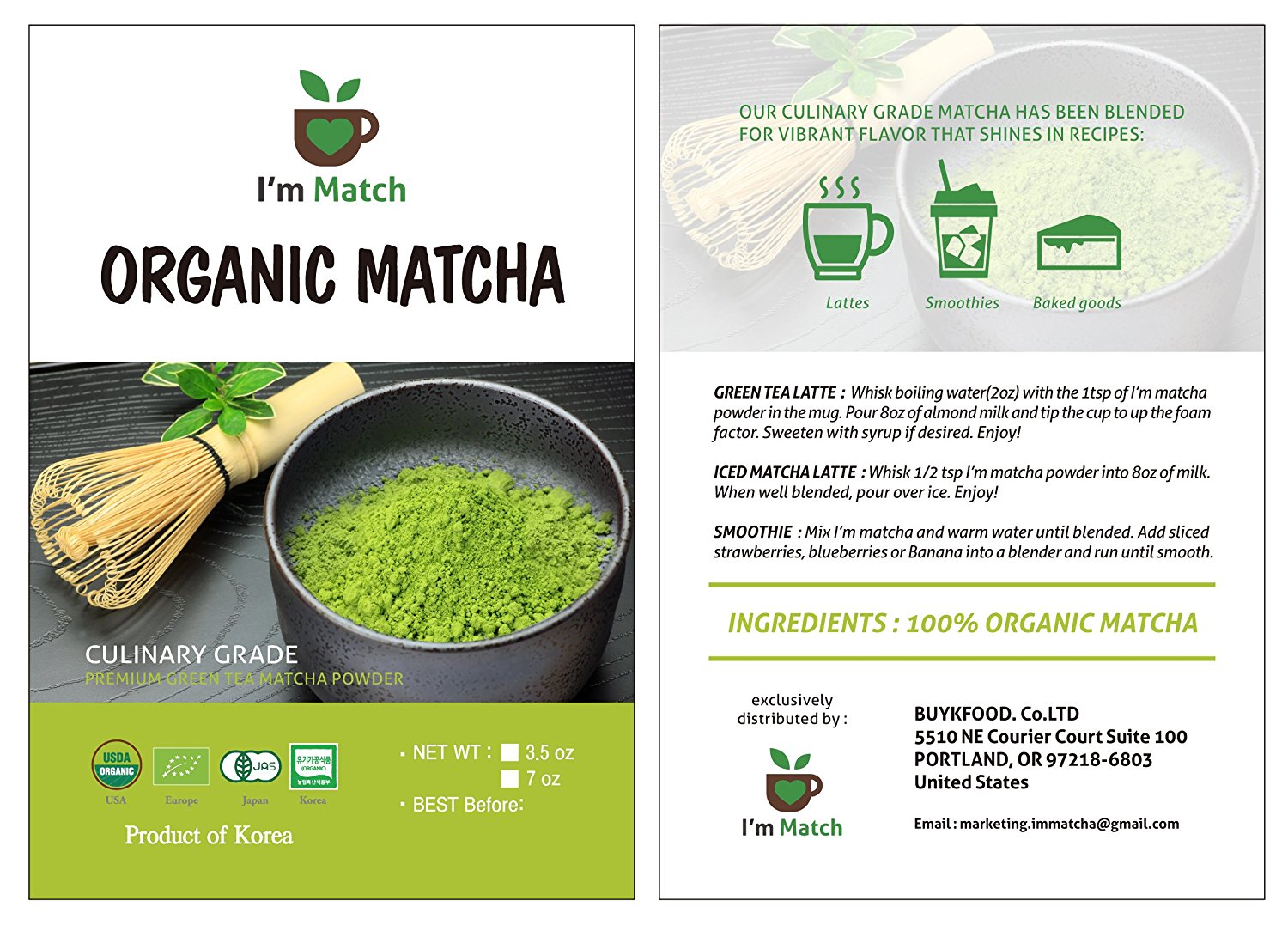 USDA Certified Organic Green Tea Powder from Korean Brand I'm Matcha ...