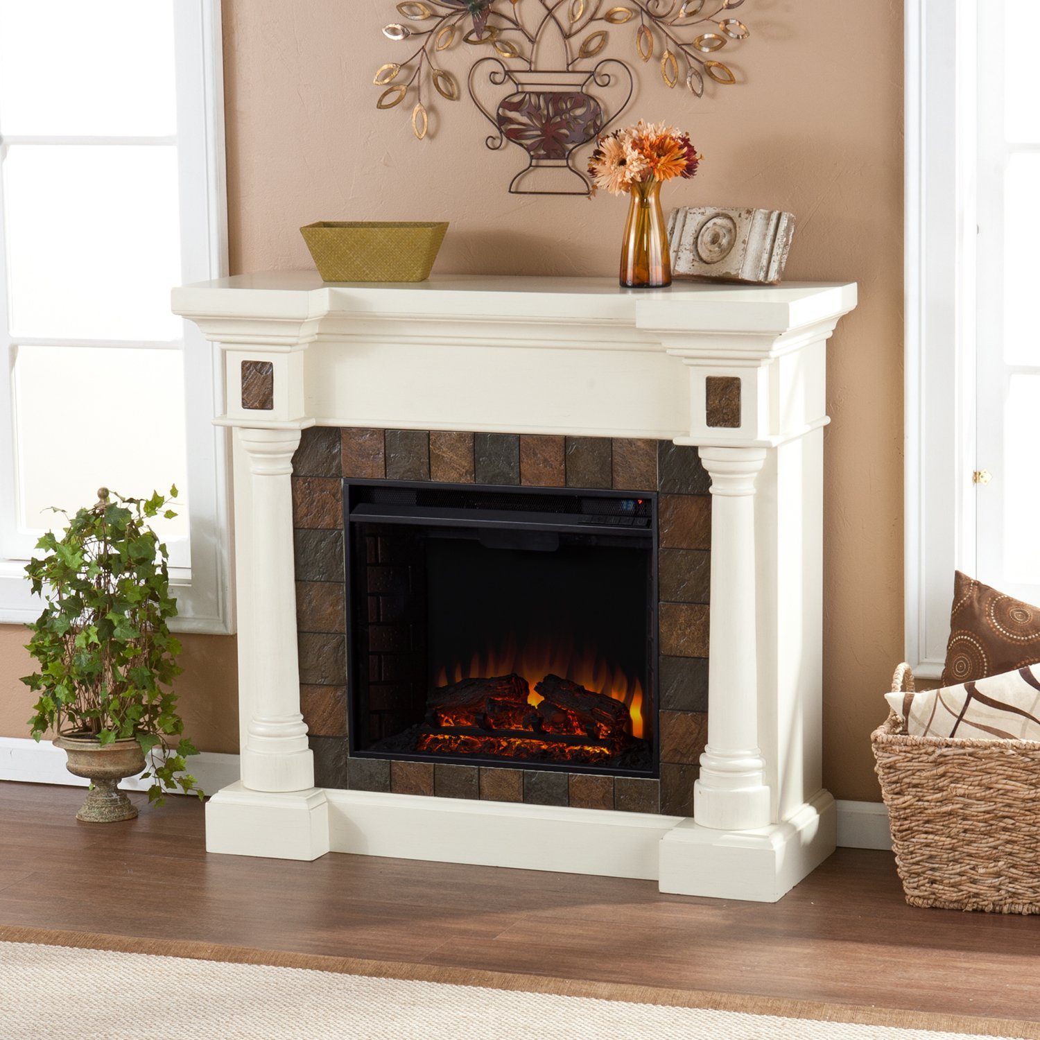 Faux Slate Convertible Corner or Flat Wall Electric Fireplace - Ivory ...