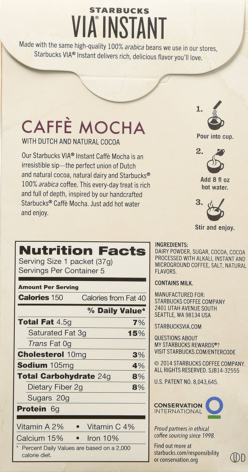 Starbucks VIA Latte - Caffe Mocha (5 Single Serve Packets) net weight 6 ...