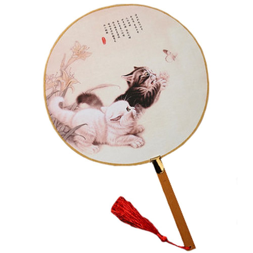 2PCS Cotton Fabric Fan Print Decor Bamboo Handle Round Hand Fan, Cats ...