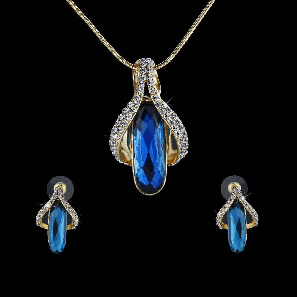 Blue Gem Jewelry Set Crystal Necklace Dangle Earrings Party Gold Plated ...