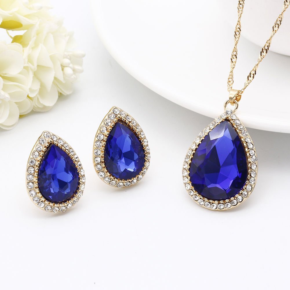 Lady Blue Sapphire Gold Plated Jewelry Set Necklace Earrings Lady ...