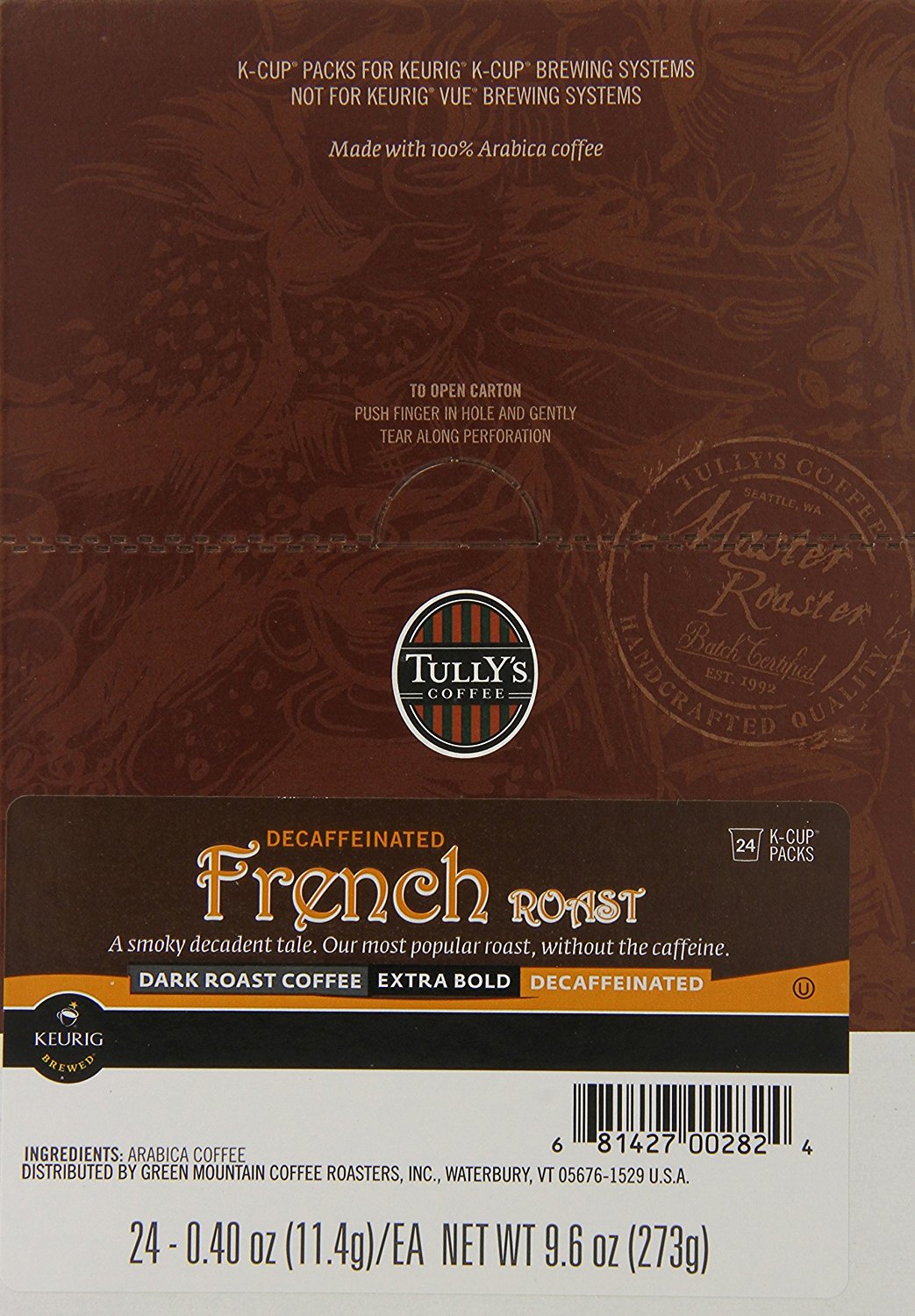 Tully's Coffee Decaffeinated French Roast, Extra Bold, 24-Count K-Cup ...