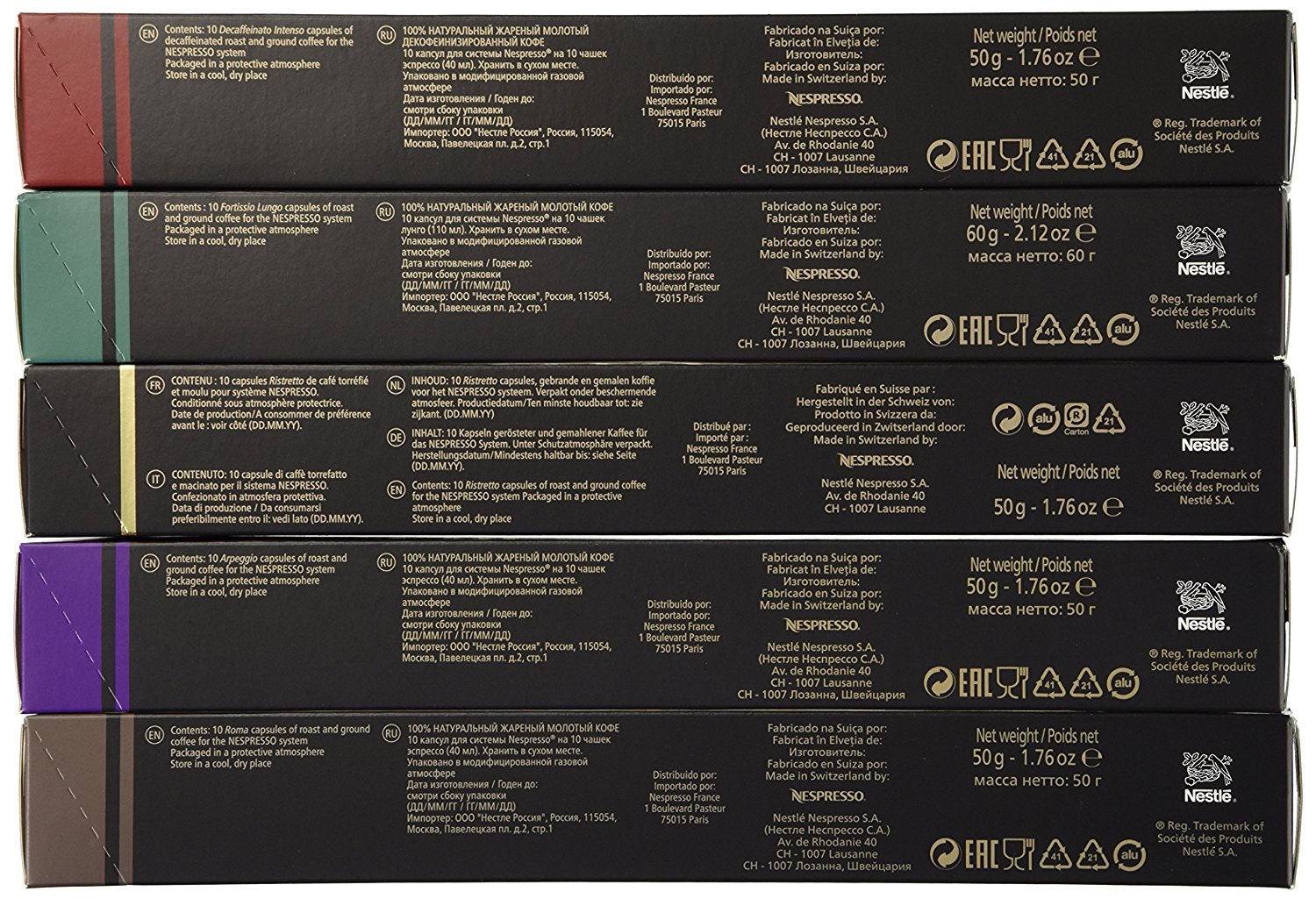 50 NESPRESSO CAPSULES: 10 RISTRETTO, 10 ROMA, 10 ARPEGGIO, 10 FORTISSIO ...