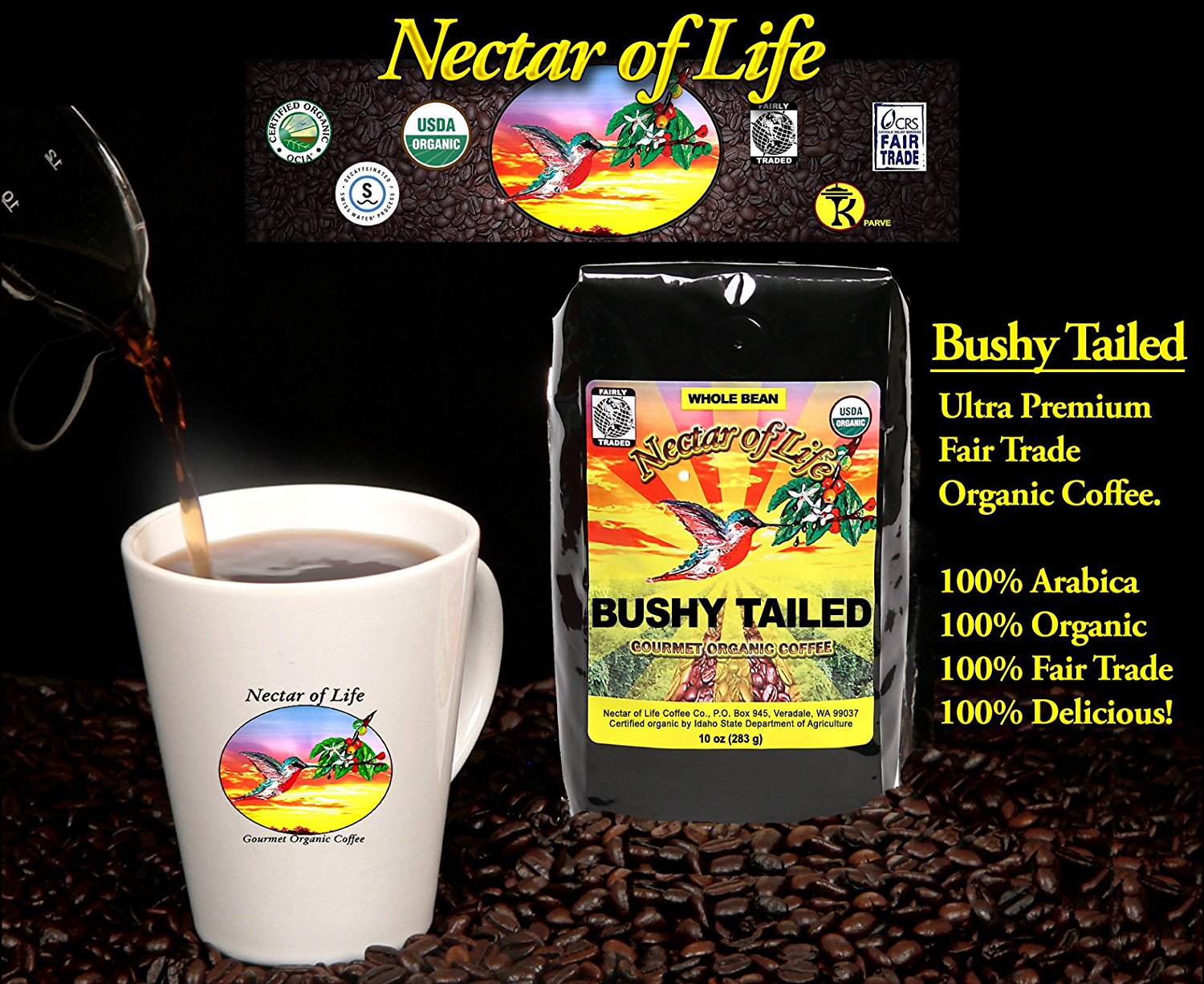 Bushy Tailed Dark Roast Coffee, from Nectar of Life. Whole Bean Coffee ...