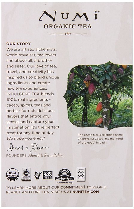 Numi Organic Indulgent Tea, Chocolate Rooibos, Caffeine Free Herbal ...