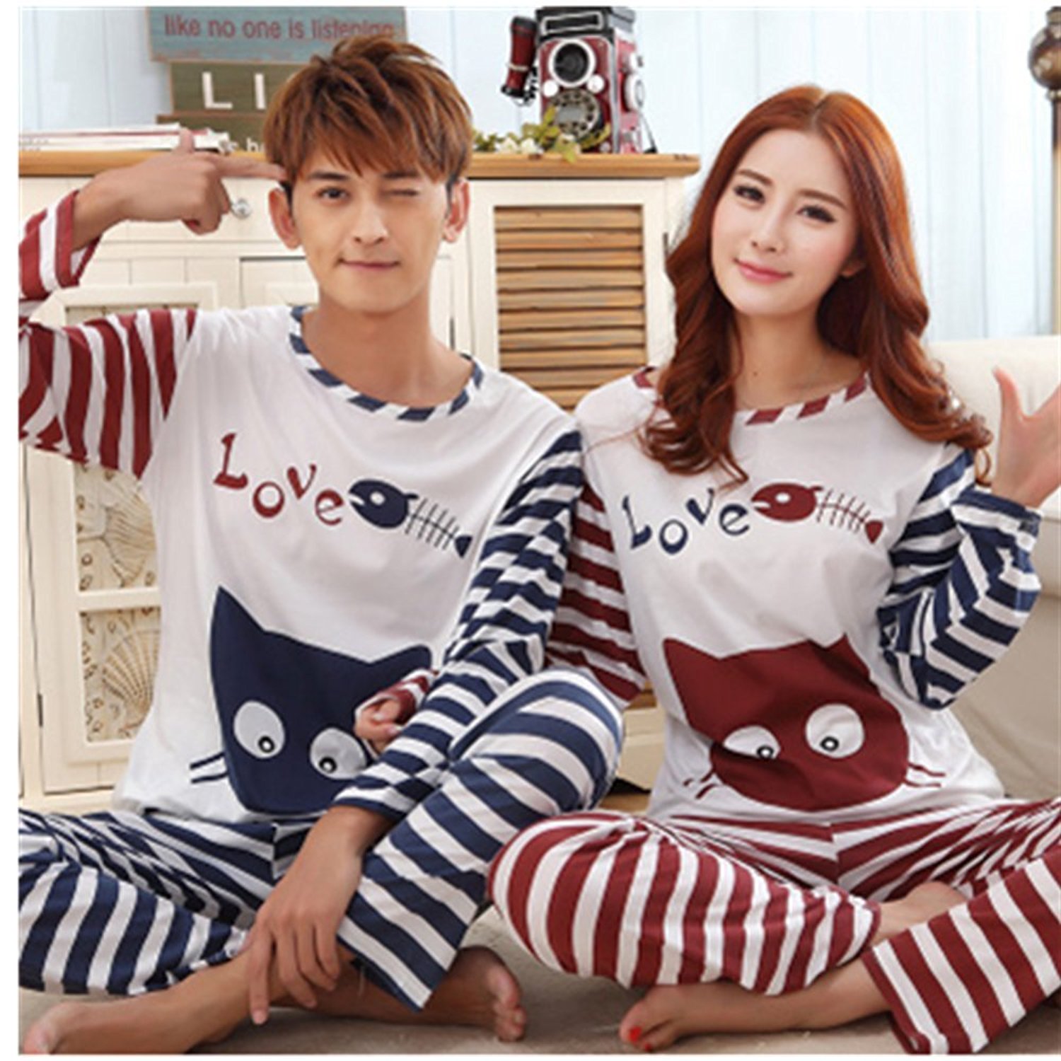 KAKA(TM) Couple Lover Pure Cotton Pyjamas Cute Cartoon Stripe Fish And ...