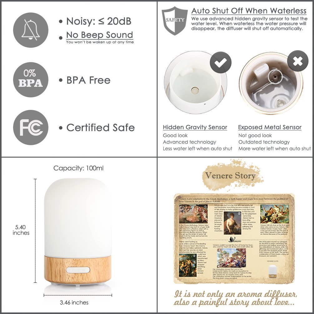 Venere Aroma Diffuser 100ml Ultrasonic Cool Mist Humidifier Real Wood Base and Glass Cover, No ...