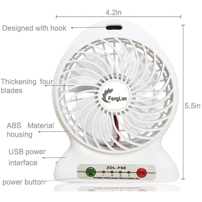FengLan Portable Lithium Battery Fan 4-inch Vanes 3 Speeds Rechargeable ...