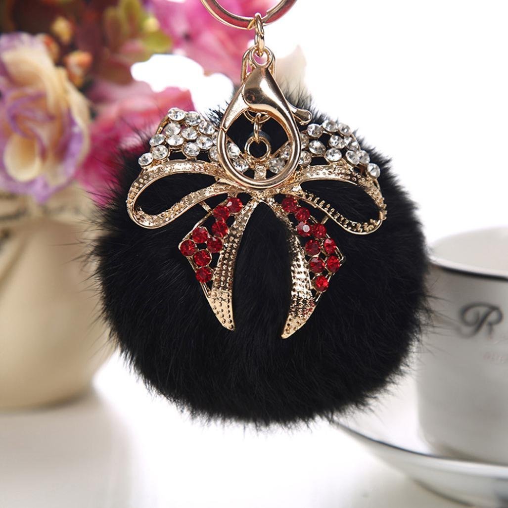 AutumnFall Rabbit Fur Ball Bow Rhinestone Keychain Bag Plush Key Ring ...