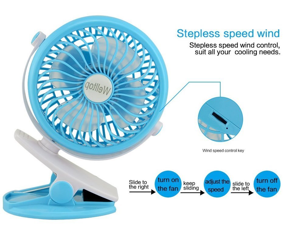 Welltop 5-inch Portable Clip Fan Rotatable Clamp Fans USB or Battery ...