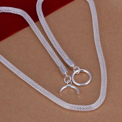 New Women 925 Sterling Silver Plated Mesh 4MM Pendant Necklace Chain ...