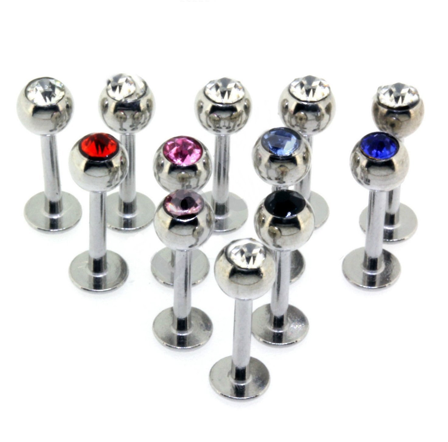 12pcs Silver Clear,Red,Blue Gem 16G Labret Lip Monroe Bar STUD Ring ...