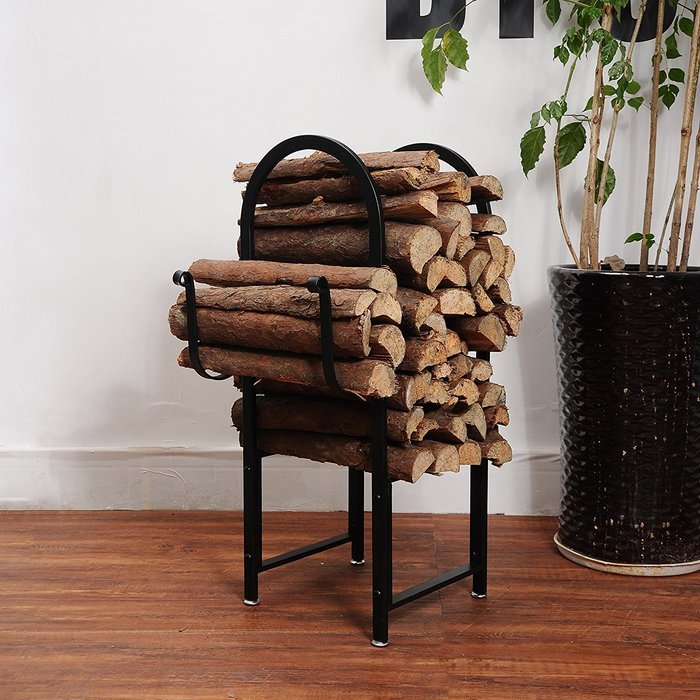 Black Powder Coated Metal Arch Design Indoor or Outdoor Firewood Log Rack w/ Kindling Holder ...