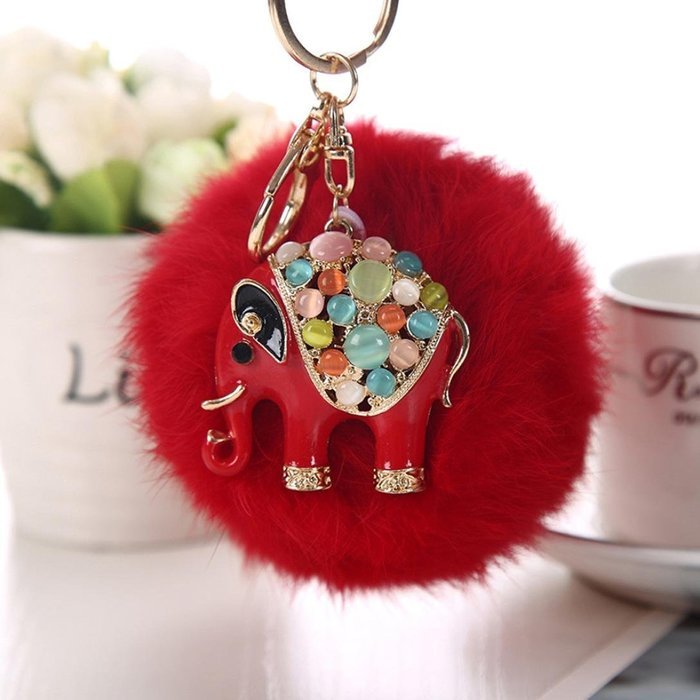 AutumnFall® Rabbit Fur Ball Elephant Keychain Bag Plush Key Ring Car ...