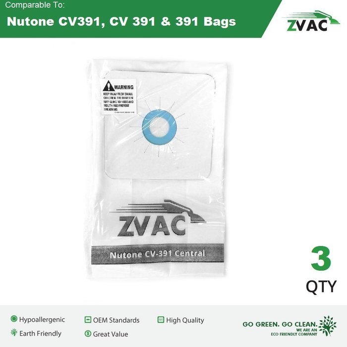 3 Pack of Nutone CV391 Vacuum Bags 3 Pack by ZVac Fits Nutone CVac ...