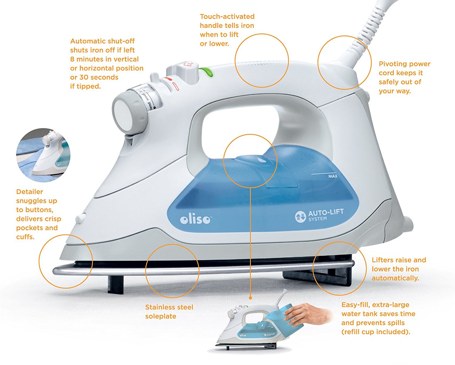 Oliso TG-1000 Steam Iron Auto-Lift System with Stainless Steel ...