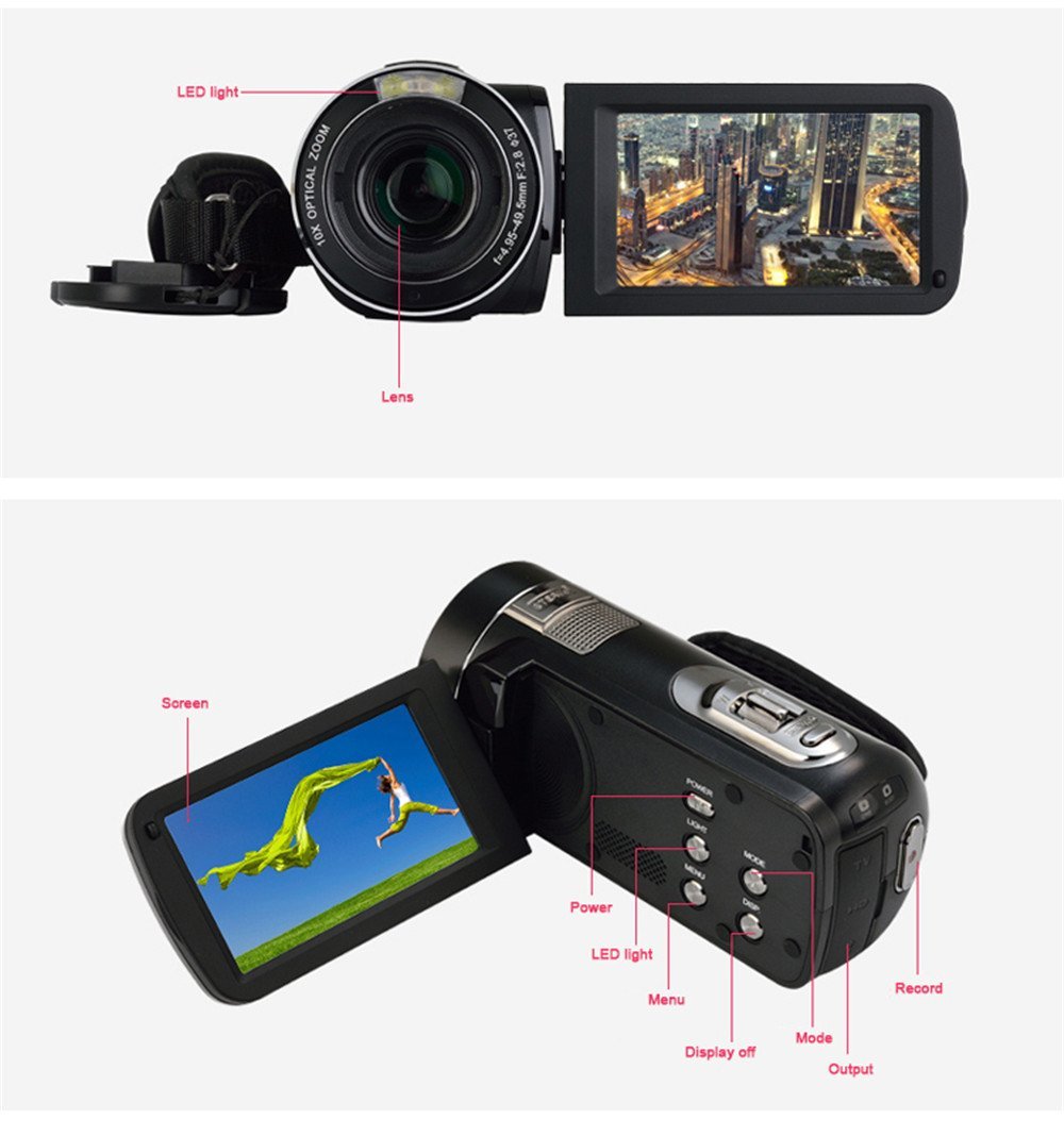 MARVUE 328 Camcorder FULL HD 1080p @ 30fps 10X Optical Zoom Portable ...