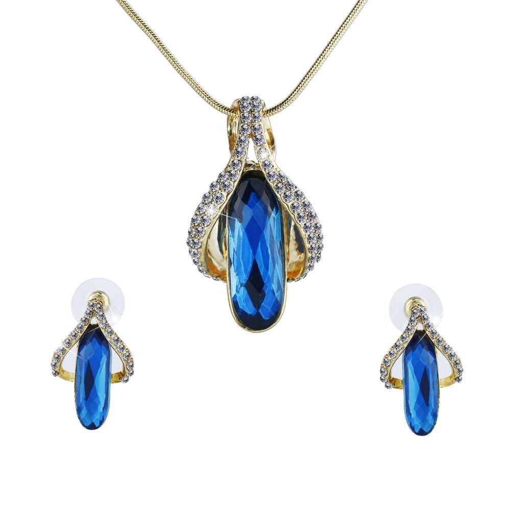Blue Gem Jewelry Set Crystal Necklace Dangle Earrings Party Gold Plated ...