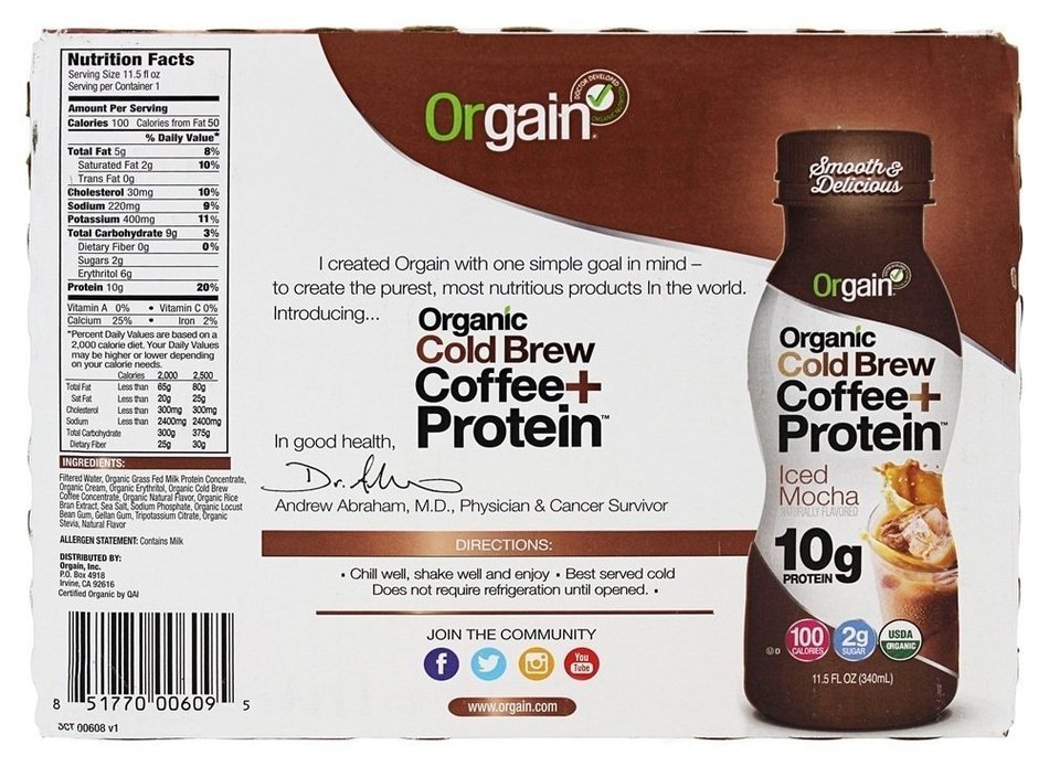 Orgain Organic Cold-Brew Coffee Plus Protein, Iced Mocha, 11.5 Ounce ...