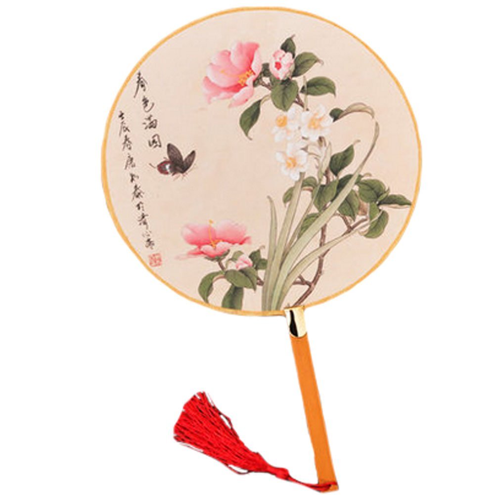 2PCS Cotton Fabric Fan Print Decor Bamboo Handle Round Hand Fan, Spring ...