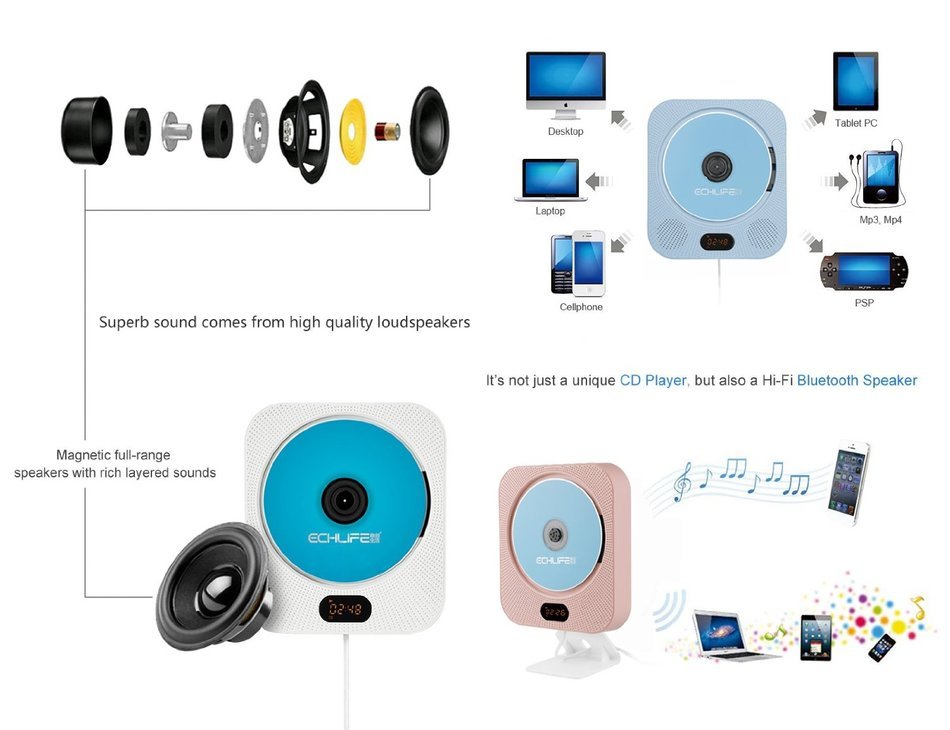 ECHLIFE Latest Wall-mounted Bluetooth Hi-Fi CD Music Player with Remote ...