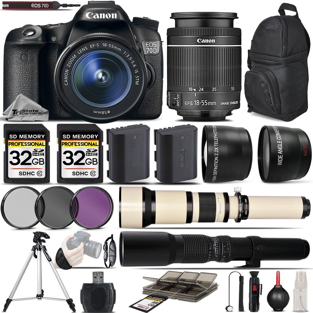 Canon EOS 70D SLR Wi-Fi Camera + Canon 18-55mm IS STM Lens + 650-1300mm ...