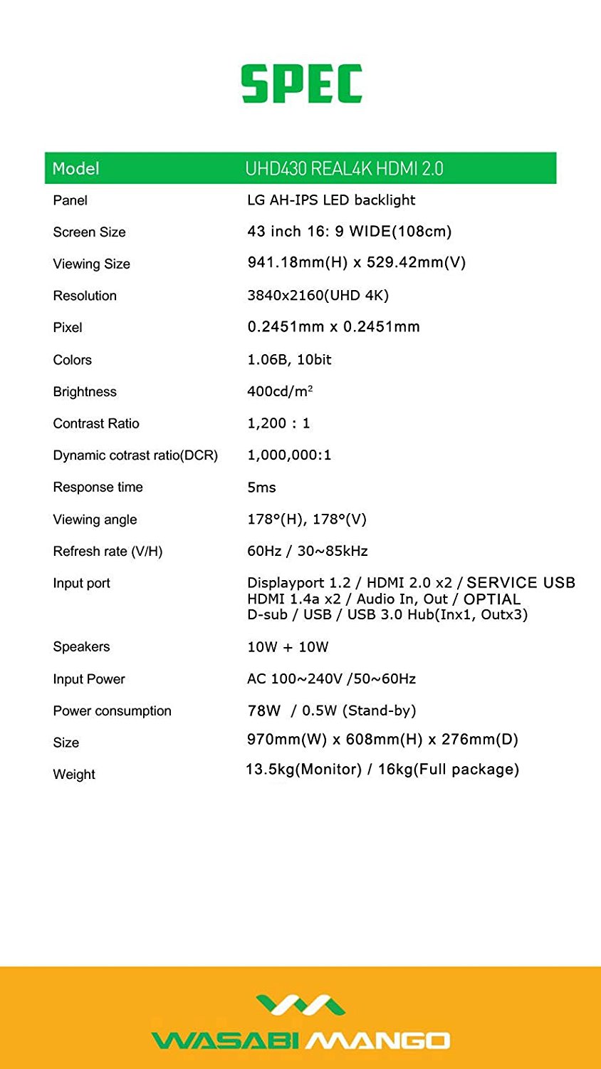 WASABI MANGO UHD430 REAL 4K HDMI 2.0 43" LG AH-IPS Panel UHD 3840x2160 ...