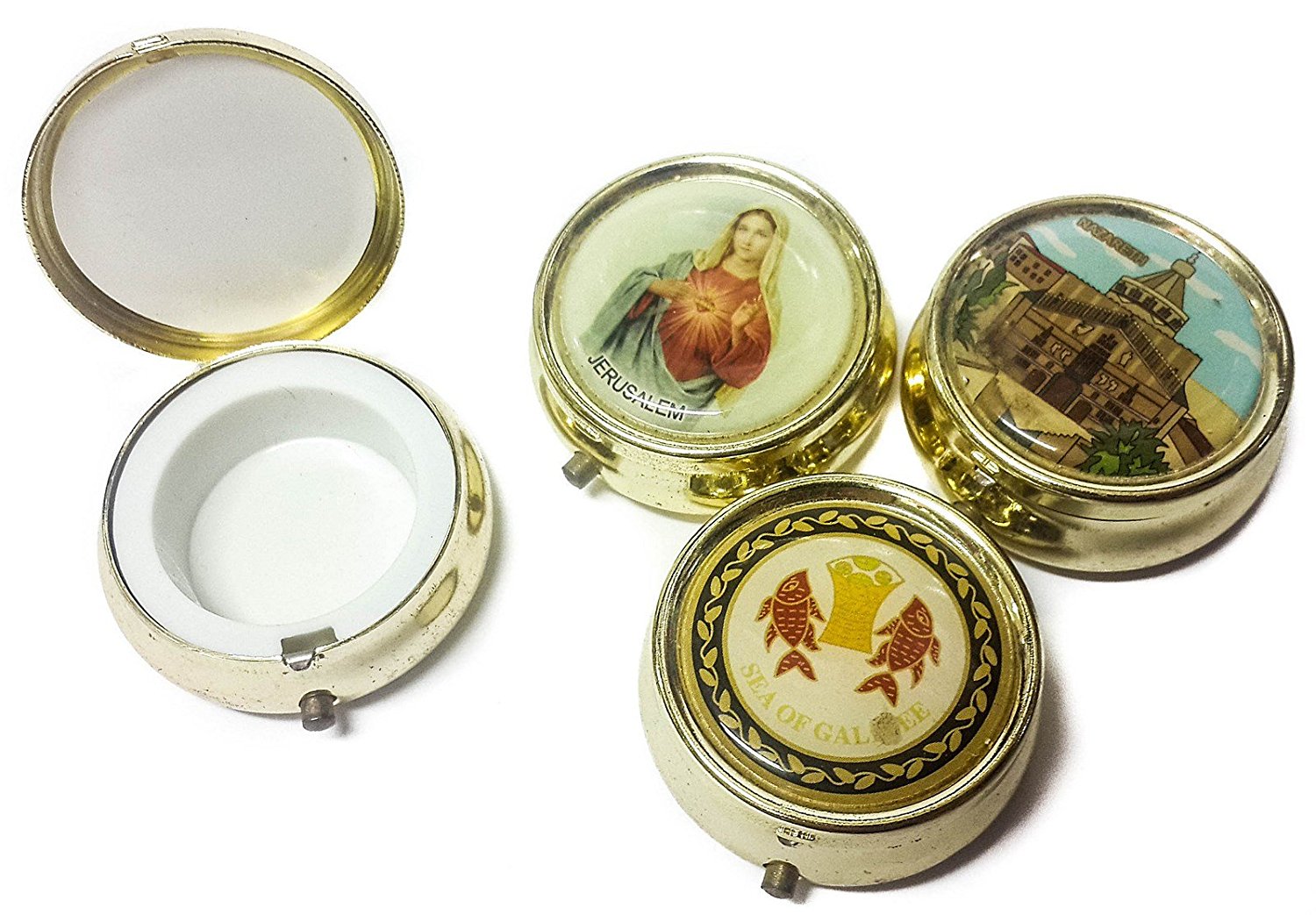 Holy land Keepsake Round Golden Metal Pill Mint Box Case Jerusalem 1.6 ...