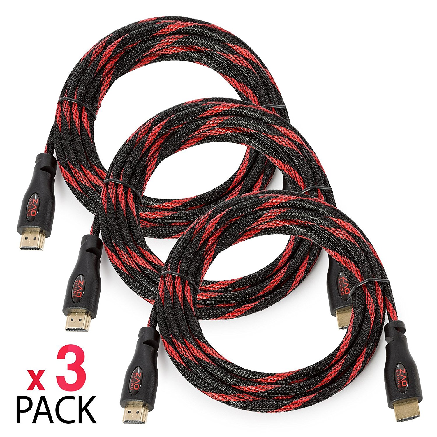 BAM Braided HDMI Cable with Gold Plated Connectors, 10-Feet, 3-Pack N4 ...