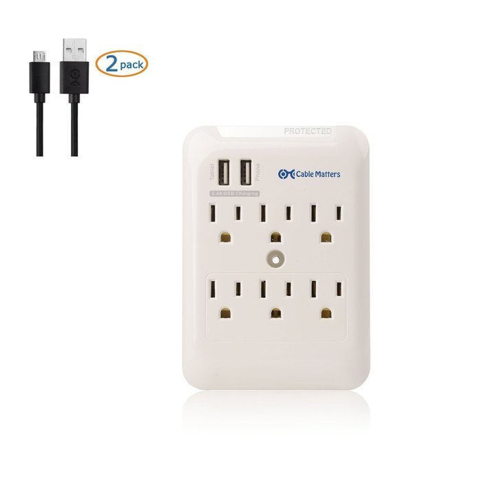 Cable Matters 6-Outlet Wall Mount Surge Protector with 2.4A Dual USB ...