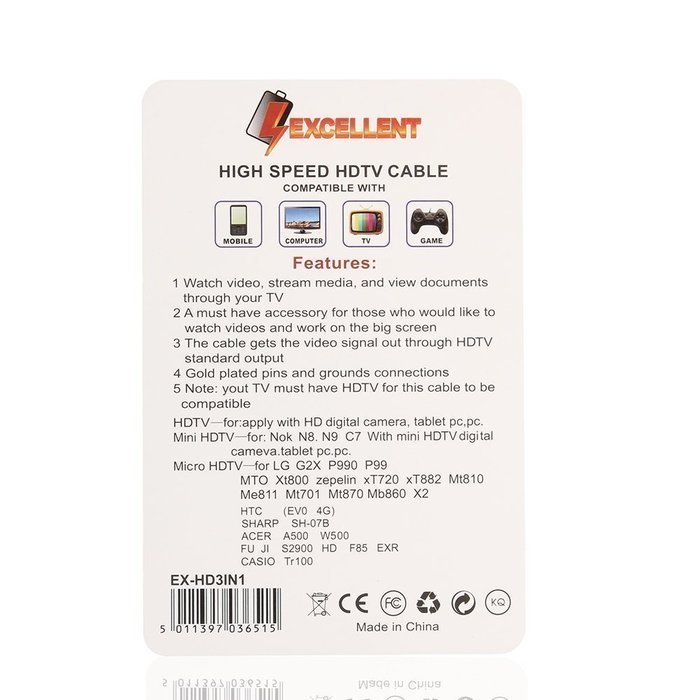 EXCELLENT 3 in 1 Version 1.4 HDMI Male to Male Cable + HDMI Female to ...