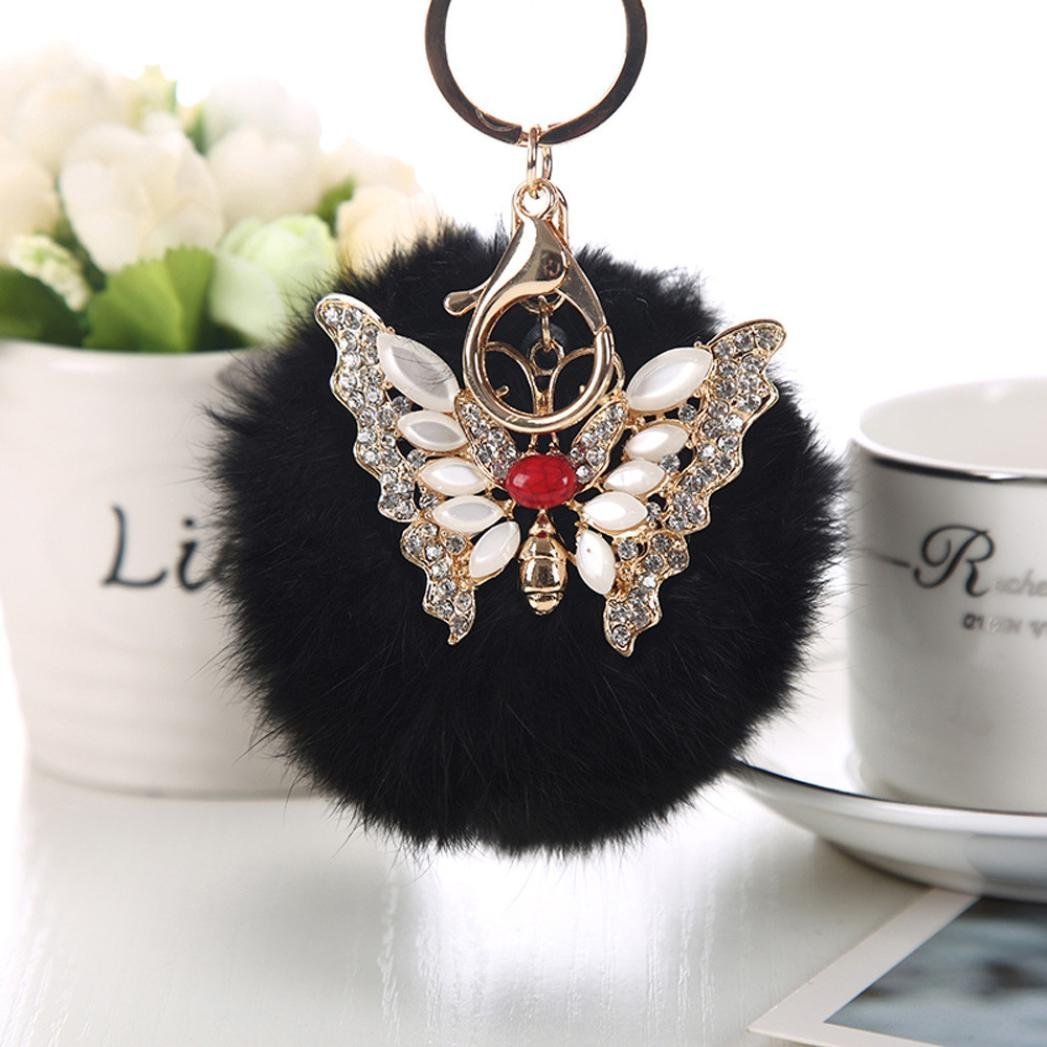 AutumnFall® Rabbit Fur Ball Rhinestone Butterfly Keychain Bag Plush Key ...