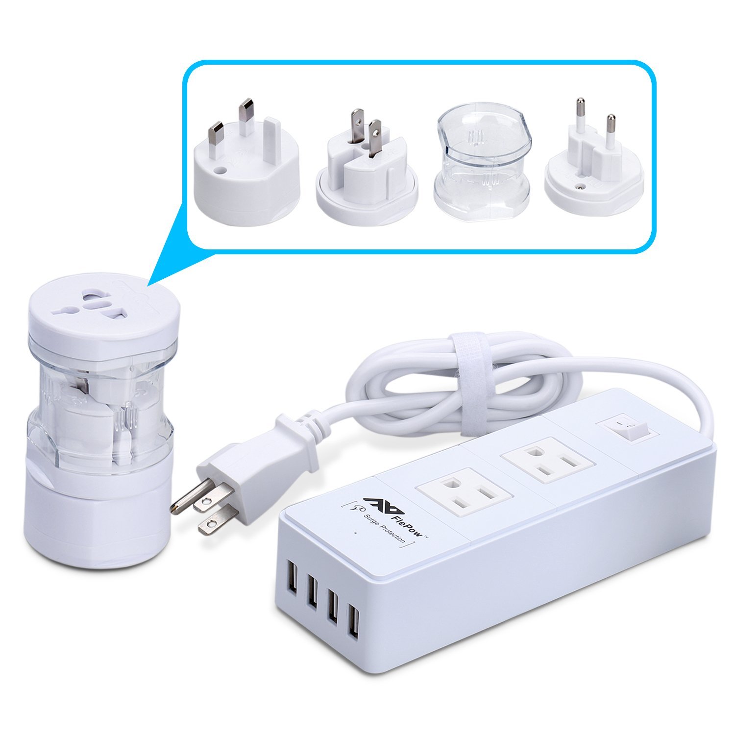 FlePow Portable Power Strip Surge Protector Travel Charger with 2 AC ...