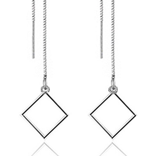 Womens 925 Sterling Silver Simple Triangle Square Rhombus Long Ear Stud ...