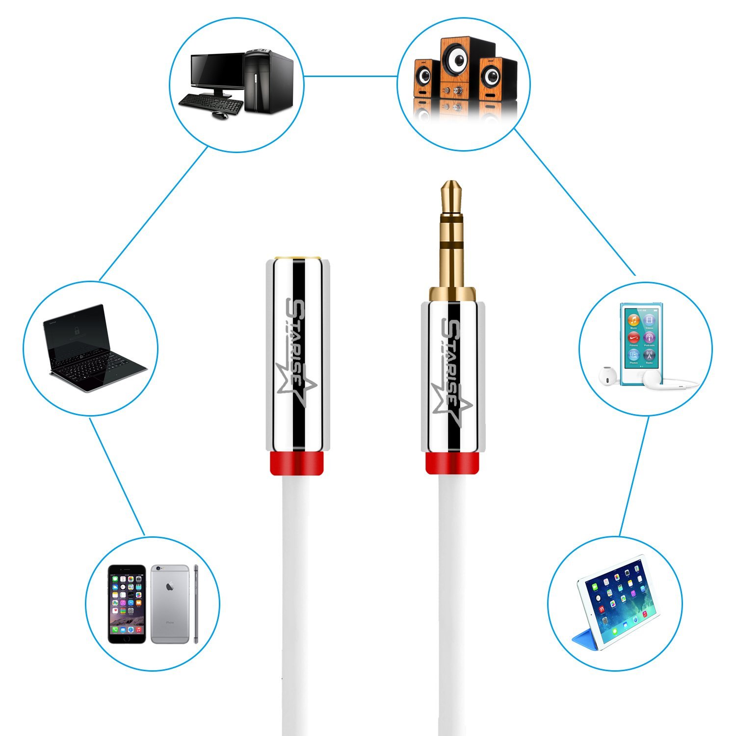 Starise 2 Pack Aux Cable Male to Female 2 Feet- 3.5mm Stereo Audio Extension Cable - Gold Plated ...