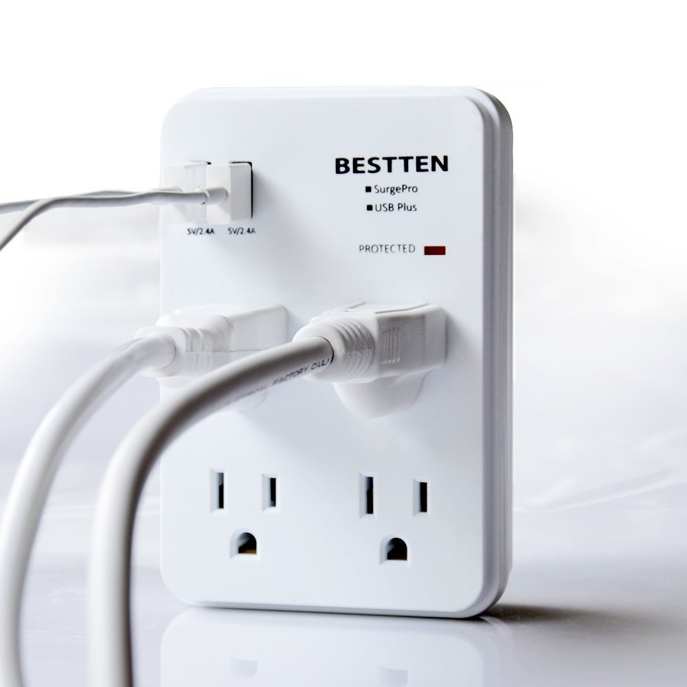 Bestten 3 Outlet Wall Mount Surge Protector with 2 USB Charging Ports ...