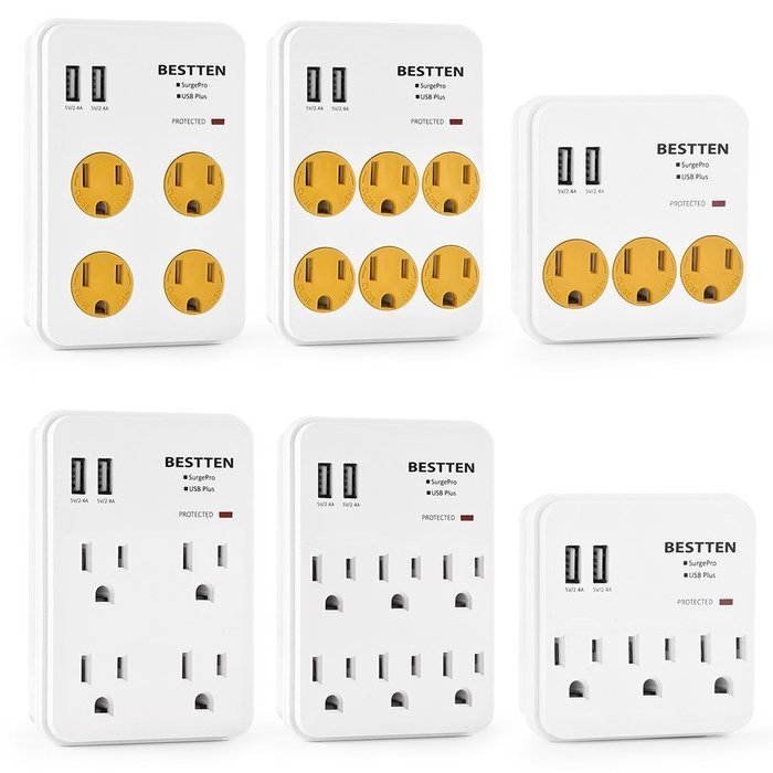 Bestten 3 Outlet Wall Mount Surge Protector with 2 USB Charging Ports ...