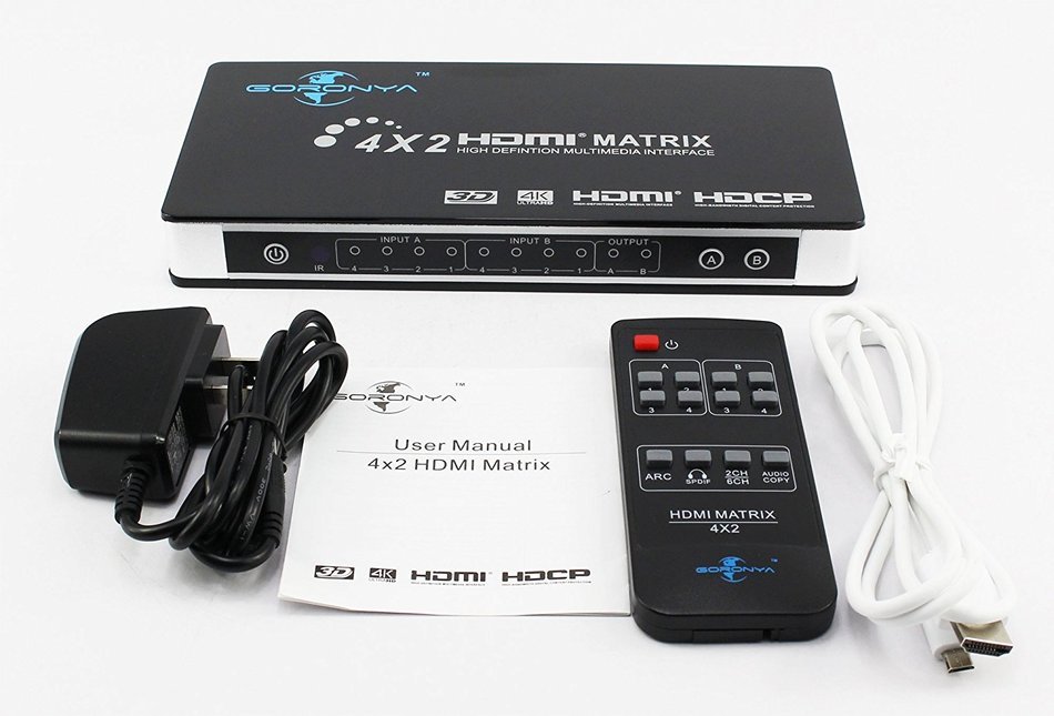 Goronya HDMI Matrix Splitter/HDMI Switch | 4 in 2 out with Optical & L ...