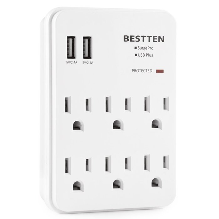 Bestten 3 Outlet Wall Mount Surge Protector with 2 USB Charging Ports ...