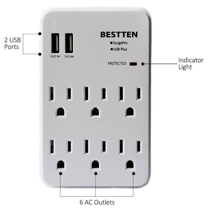 Bestten 3 Outlet Wall Mount Surge Protector with 2 USB Charging Ports ...