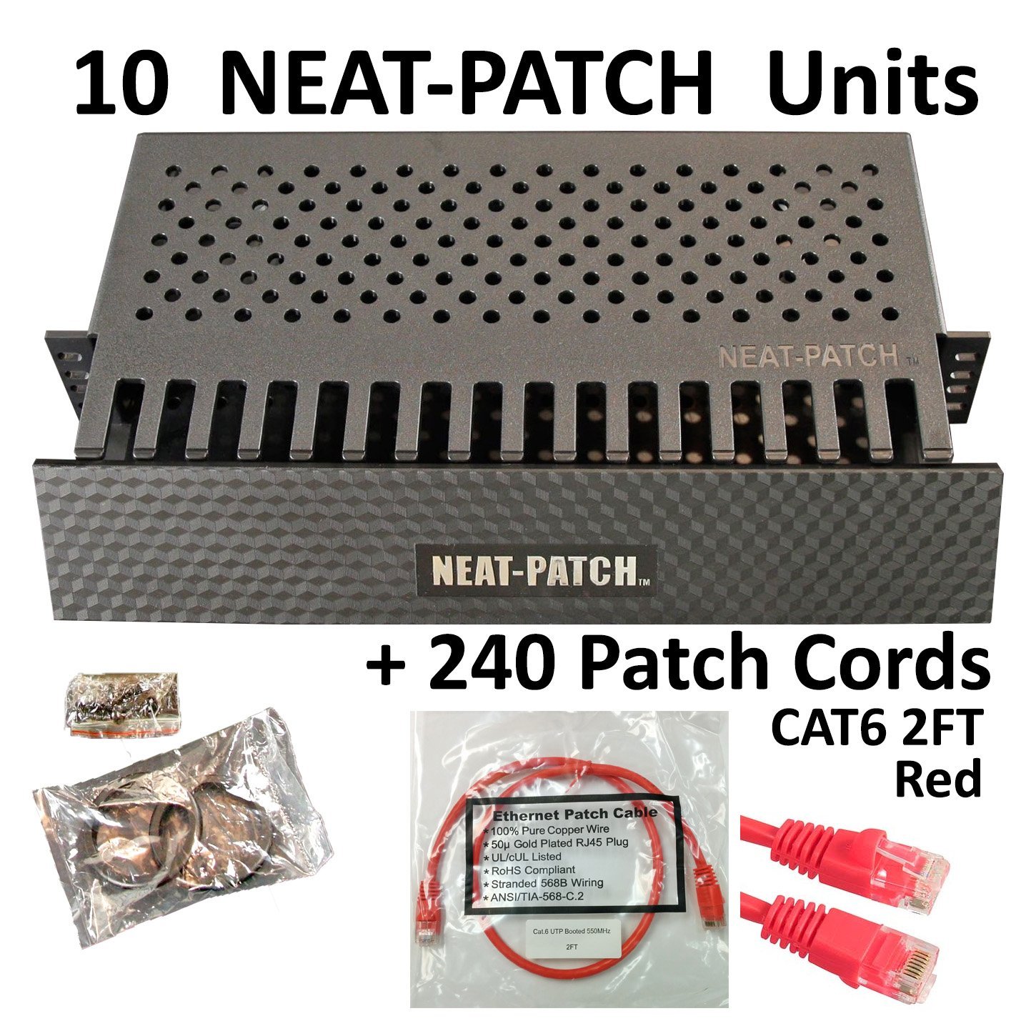 Neat Patch Cable Manager (10 Units) w/ 240 CAT6 Patch Cables (2FT Green ...