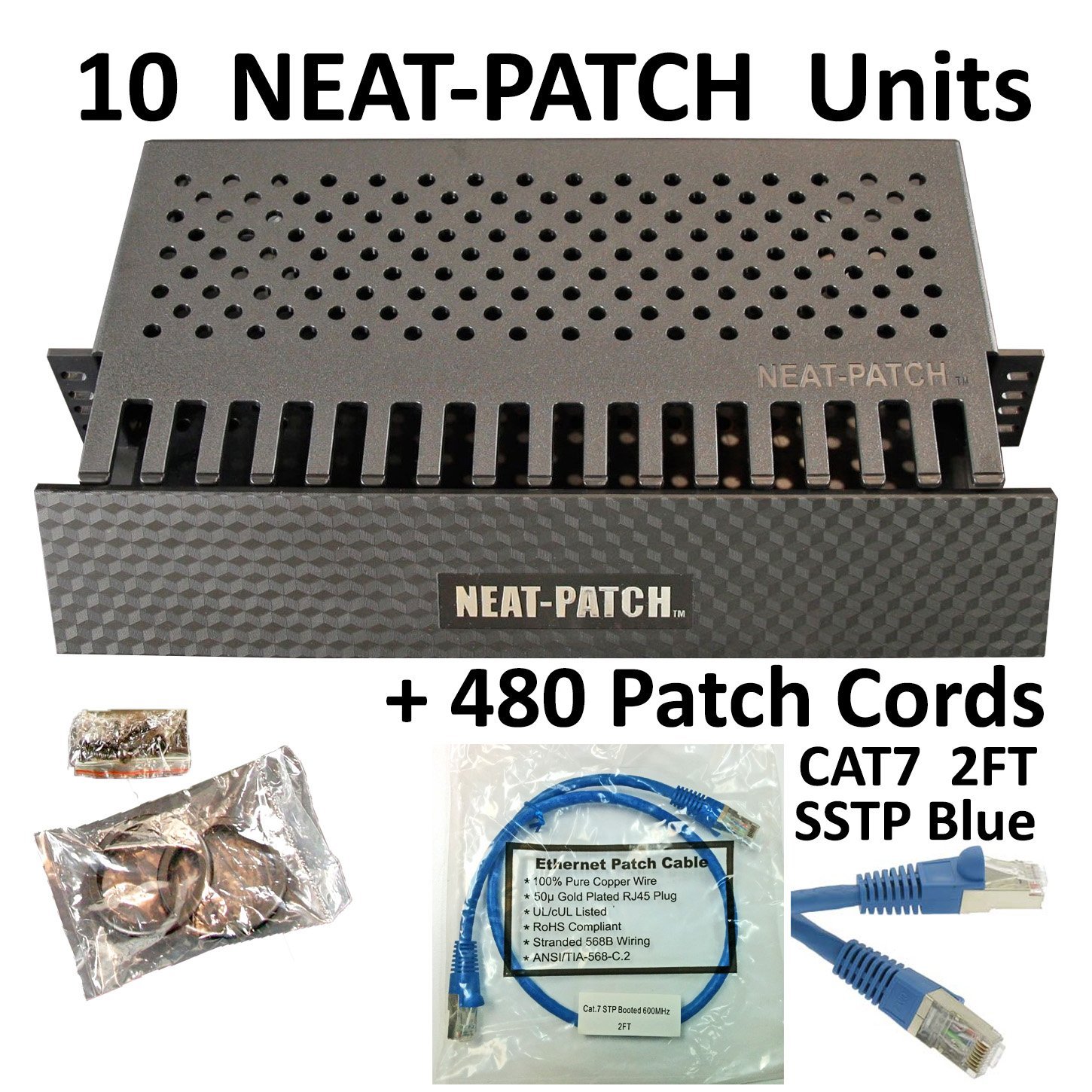 Neat Patch Cable Manager (10 Units) w/ 240 CAT6 Patch Cables (2FT Green ...