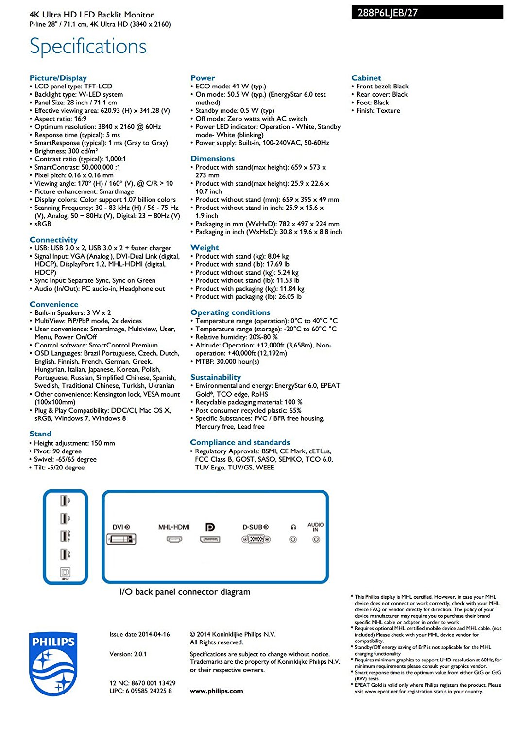 Philips 288P6LJEB 28-Inch Monitor (5 ms response time, 4K Ultra HD LED ...