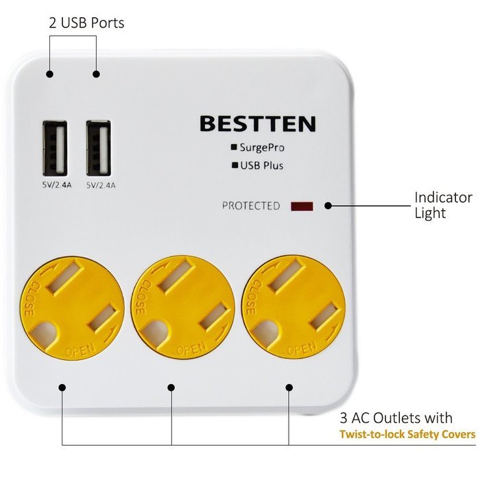 Bestten 3 Outlet Wall Mount Surge Protector with 2 USB Charging Ports ...