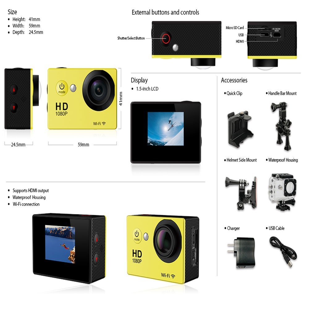 Generic 1080p FHD Action Camera Outdoor Waterproof Car Recorder DVR Cam ...