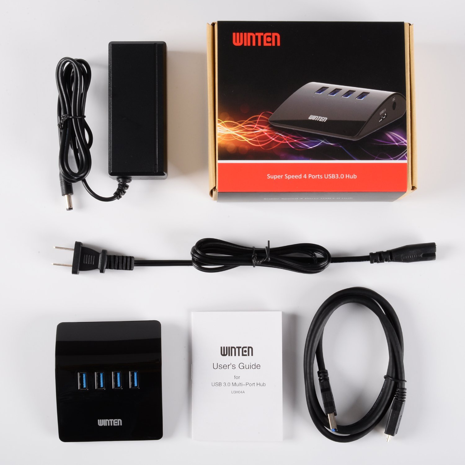 Winten WT-U3H04A-BK 4 Port 3.0 USB Hub , 5V/4A 20W AC Power Adapter ...